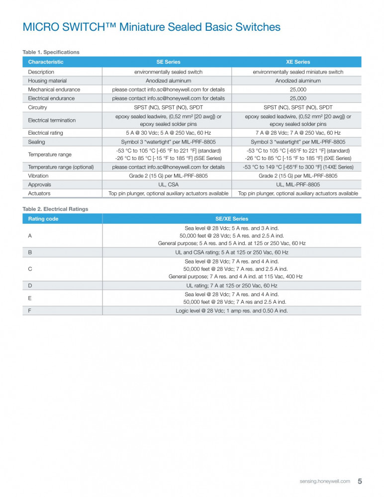 Honeywell SE and XE datasheet page 5