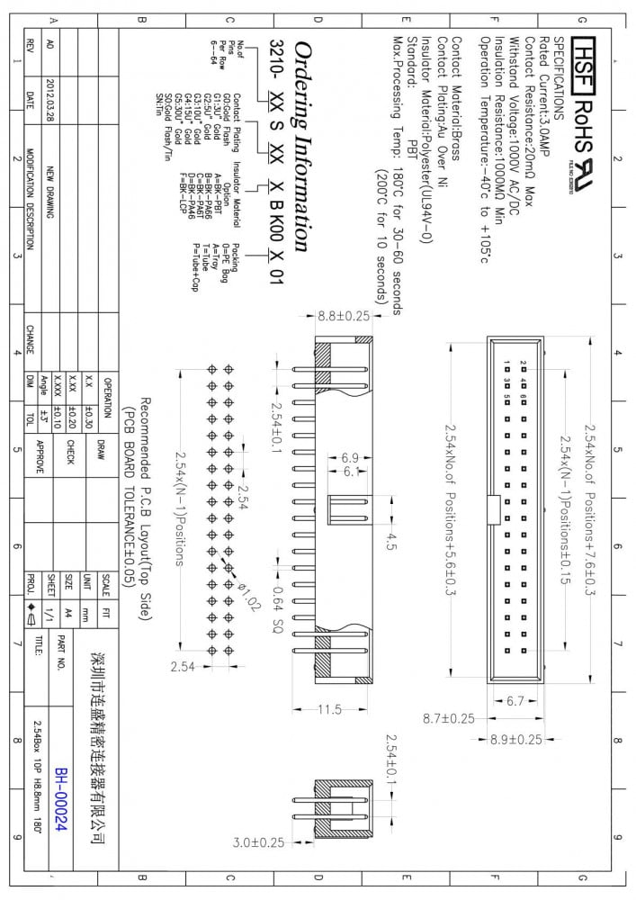 Liansheng BH-00024 technical drawing and recommended PCB layout