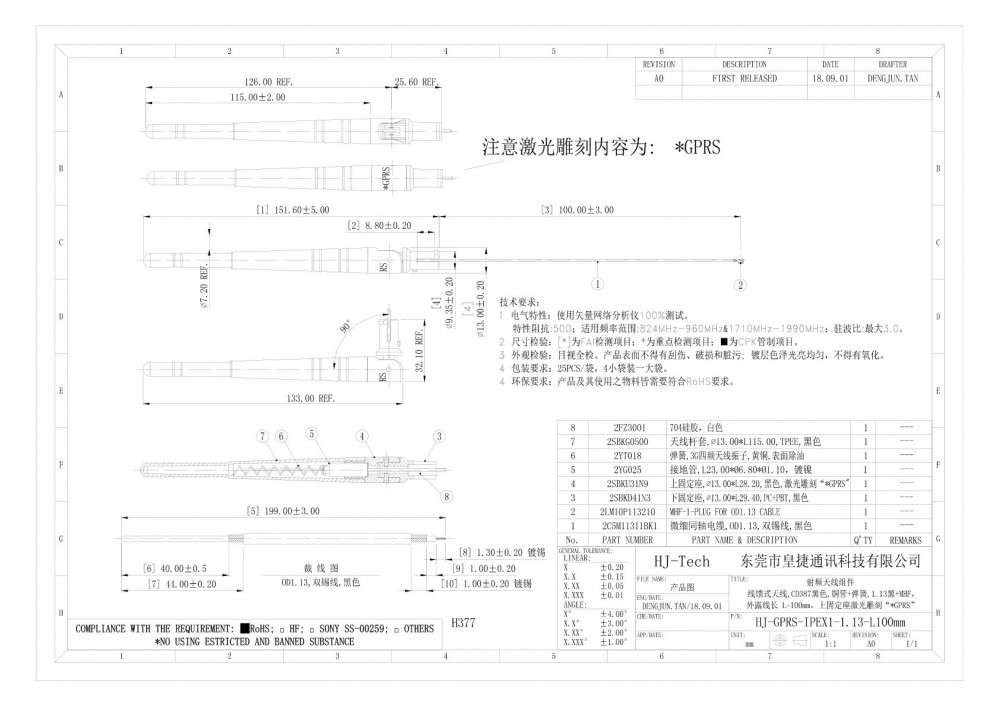 HJ-GPRS-IPEX1-1.13-L100mm product drawing