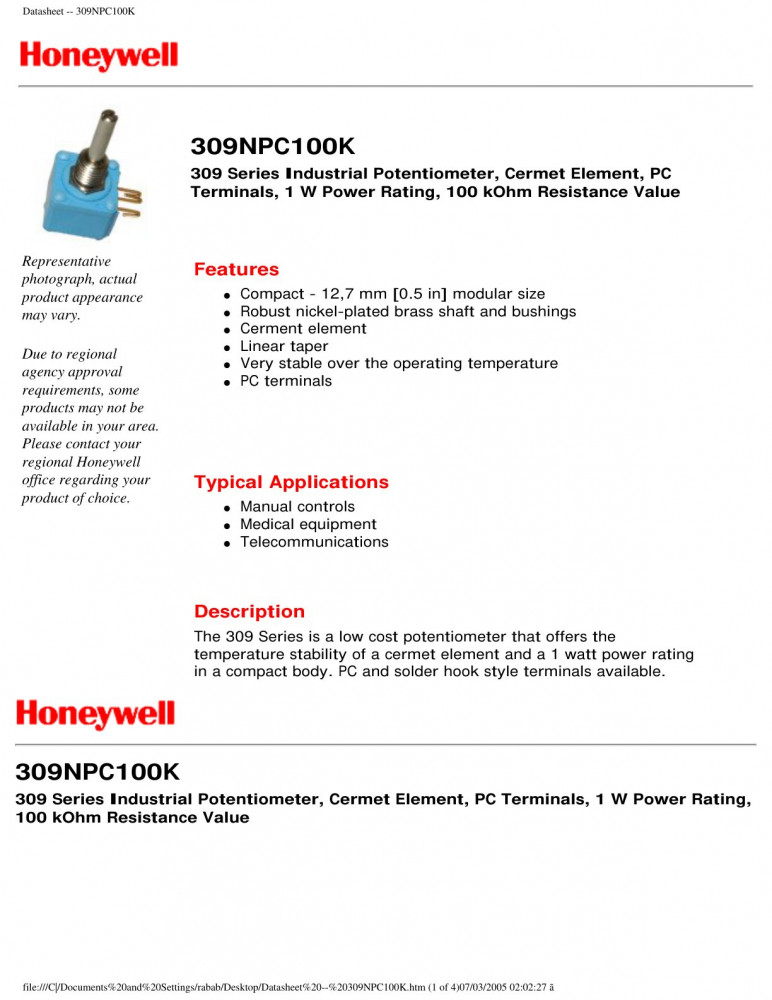 309NPC100K technical document page 1