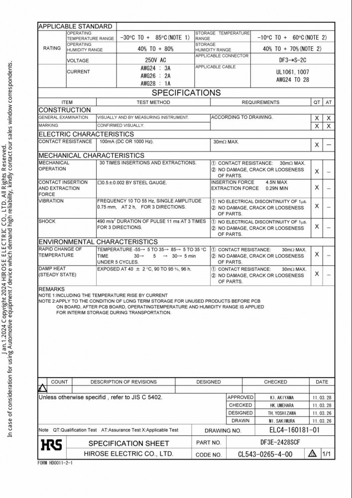 HRS DF3E-2428SCF specification sheet preview