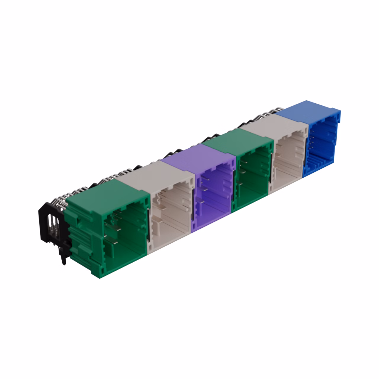 stAK50h 6 Bay Right-Angle Hybrid Header, 118 Circuits, Bay 1: 25 Circuits/Key 1/Green; Bay 2: 25 Circuits/Key 2/Gray; Bay 3: 12 Circuits/Key 3/Purple; Bay 4: 12 Circuits/Key 2/Green; Bay 5: 12 Circuits/Key 4/Gray; Bay 6: 32 Circuits/Key 2/Blue; Tube for sale
