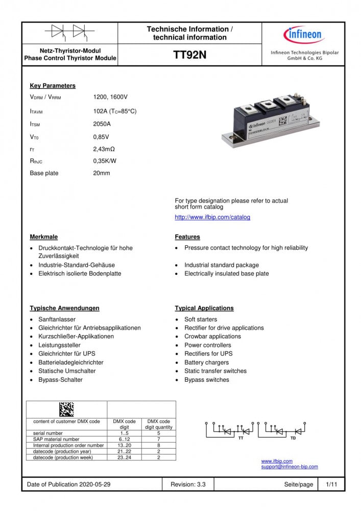 TT92N16KOF technical document page 1