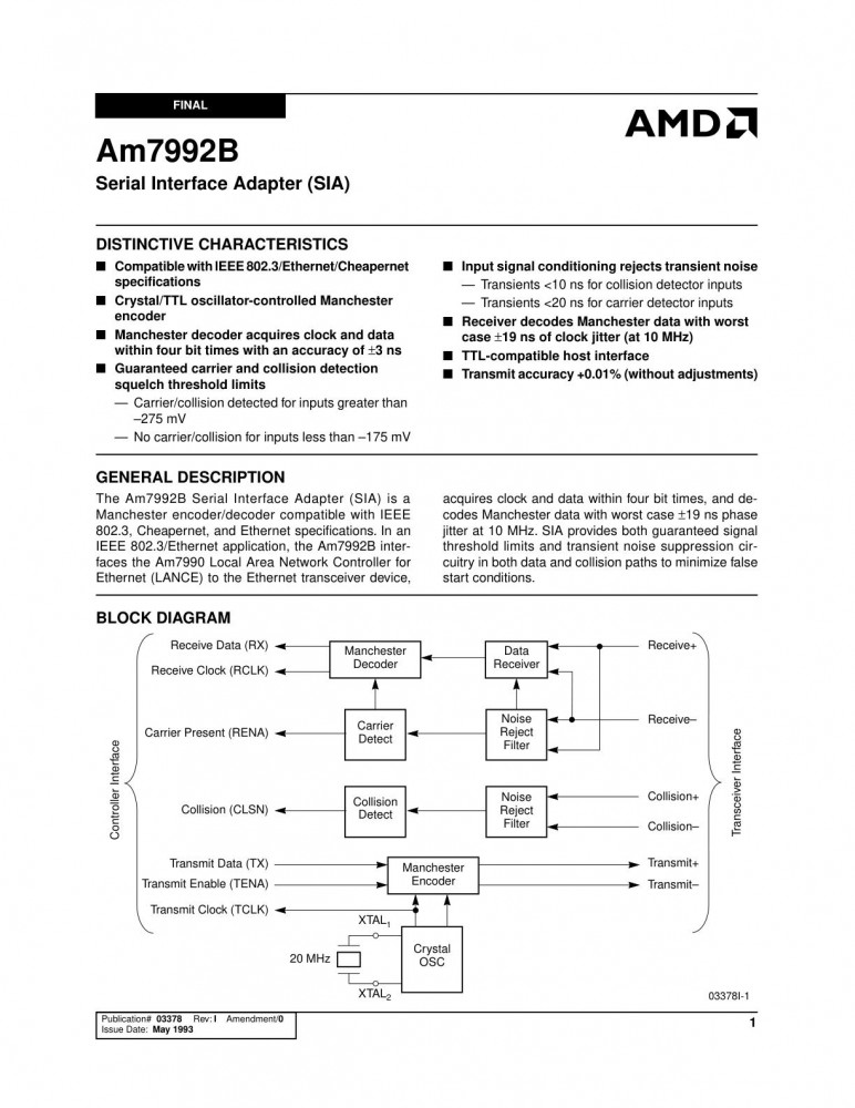 AM7992B technical document page 1