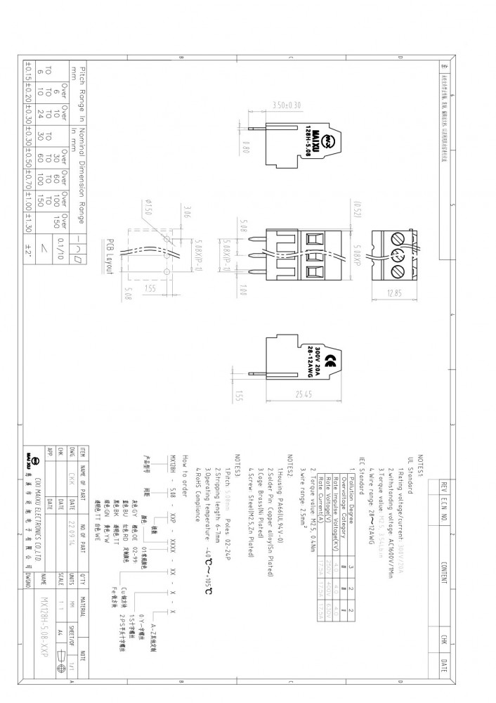 MX128H-5.08 terminal block technical drawing