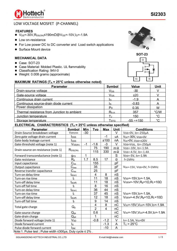SI2303 datasheet page 1