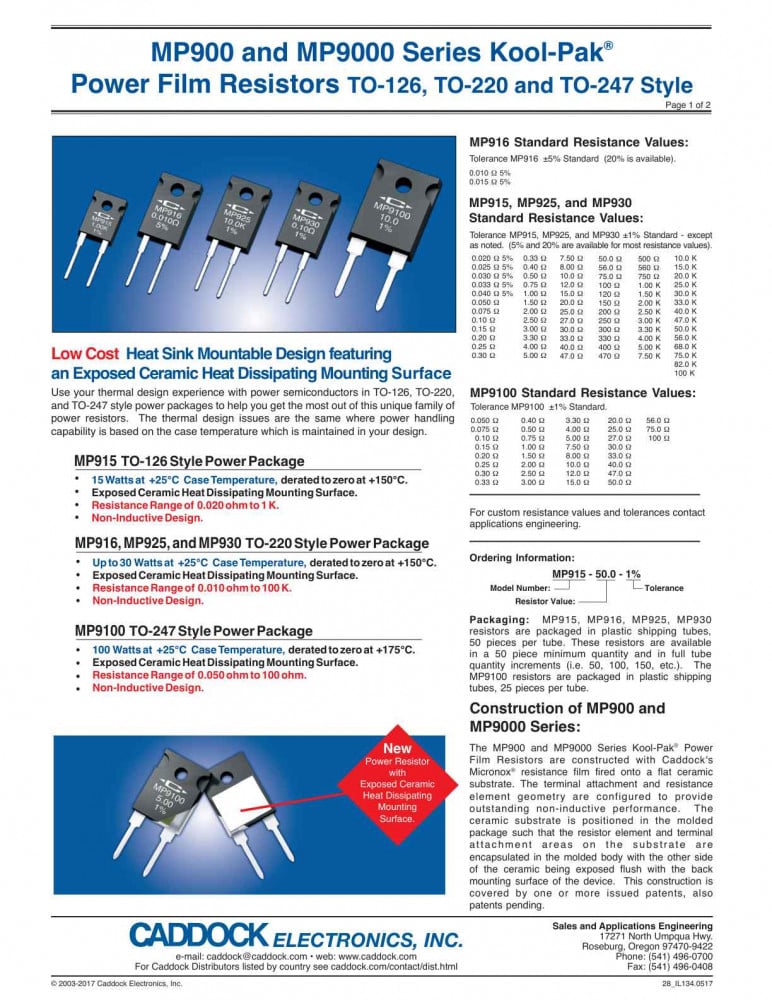 Caddock MP900 and MP9000 Series datasheet page 1