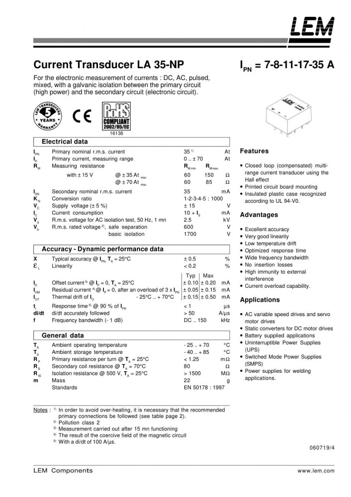 LEM LA35-NP datasheet page 1