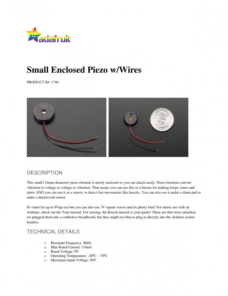 Adafruit 1740 Small Enclosed Piezo w/Wires technical image 1