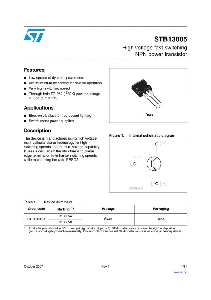 STB13005-1 datasheet page 1