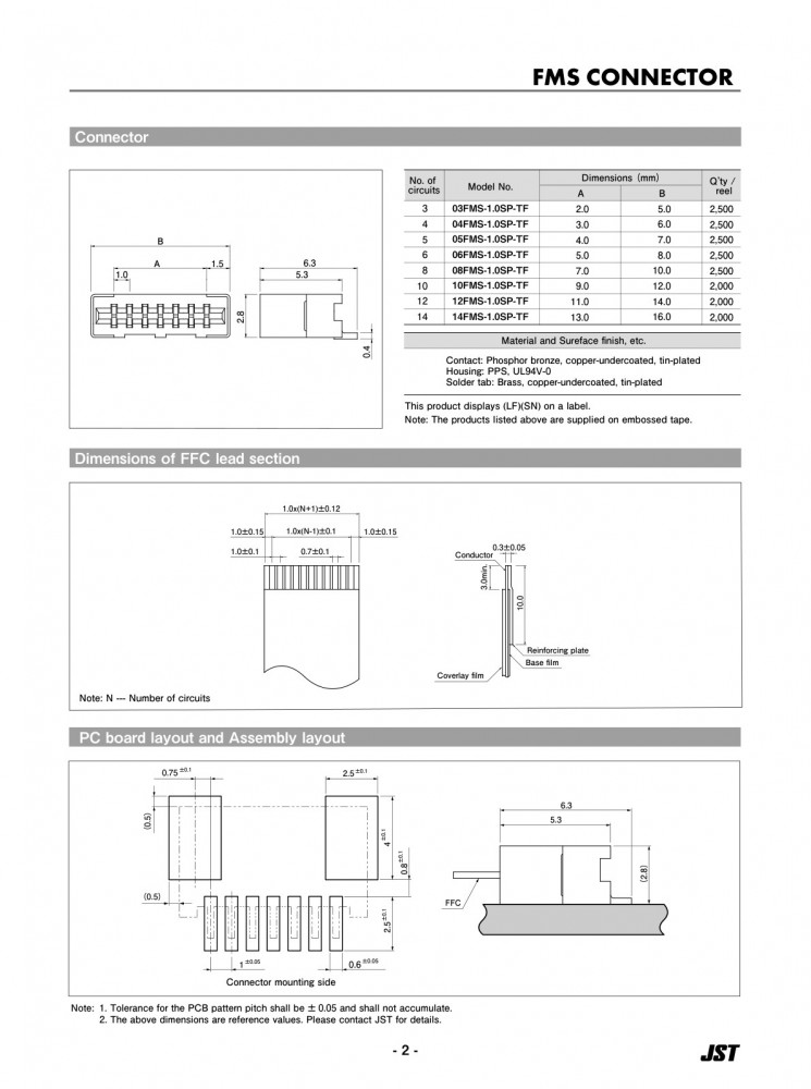 JST 10FMS-1.0SP-TF dimensions and PCB layout