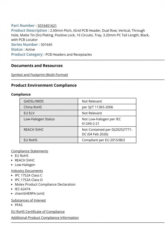 MOLEX 5016451621 technical document page 1