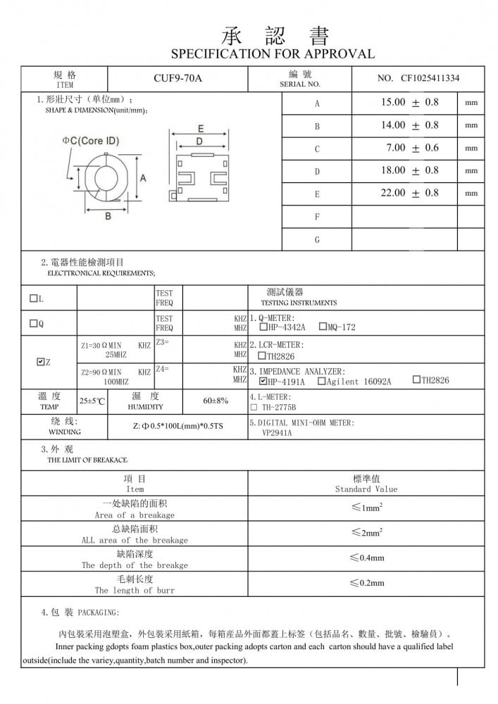 CUF9-70A inspection data page