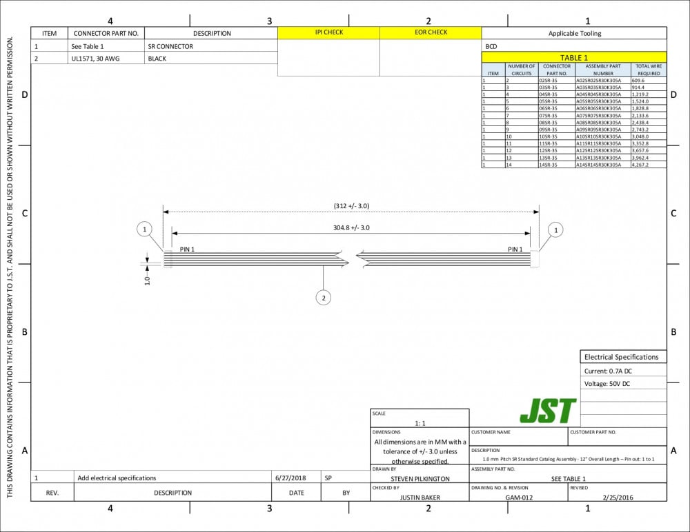 JST SR connector technical document