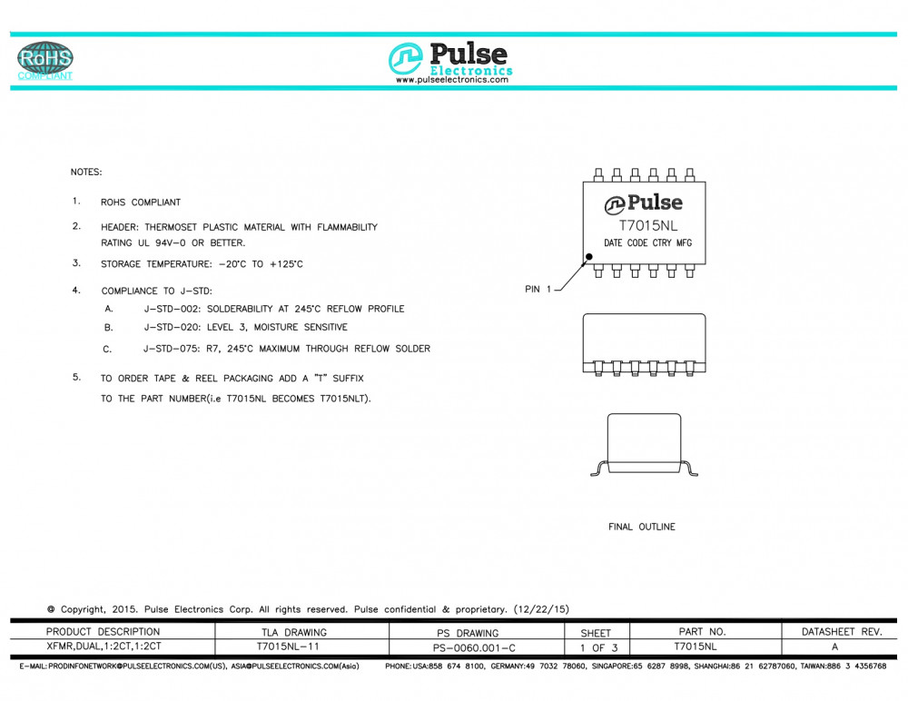 T7015NL product outline and specification page