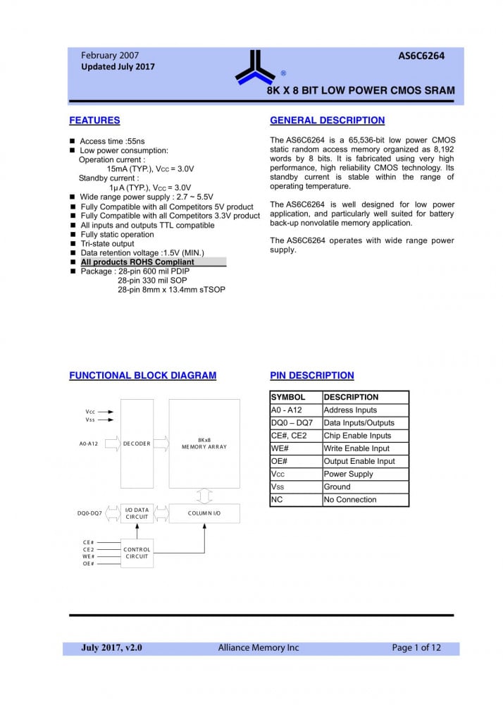 AS6C6264 datasheet page 2