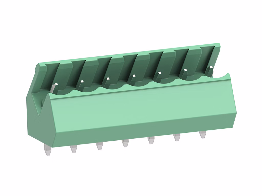 5.00mm Pitch Eurostyle 45° Angle PCB Header, Open Ends, 7 Circuits, Green for sale