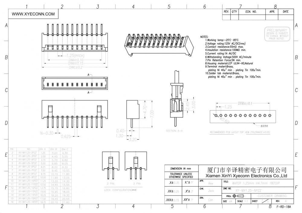 XY-MX1.25-5PZZ technical document preview