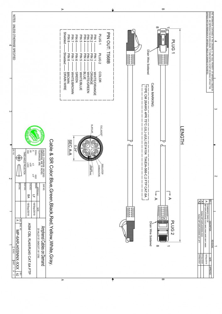 Amphenol MP-6ARJ45SNNR-010 technical drawing page 1