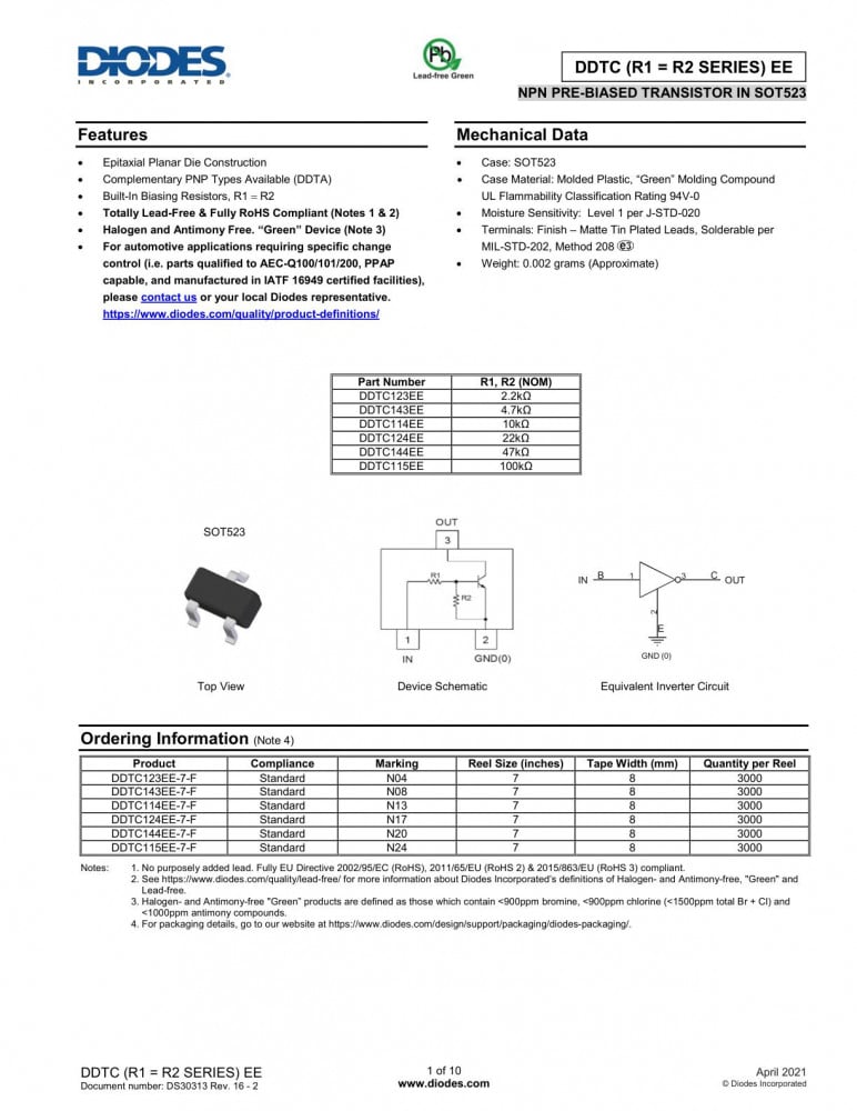 DDTC143EE-7-F datasheet page 1