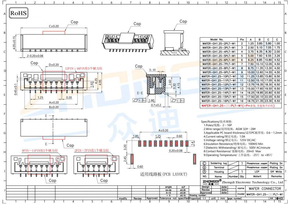 Zhongdi WAFER-GH1.25-W1 technical drawing