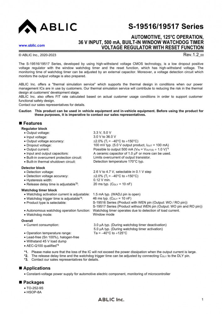 ABLIC S-19516/S-19517 datasheet page 1