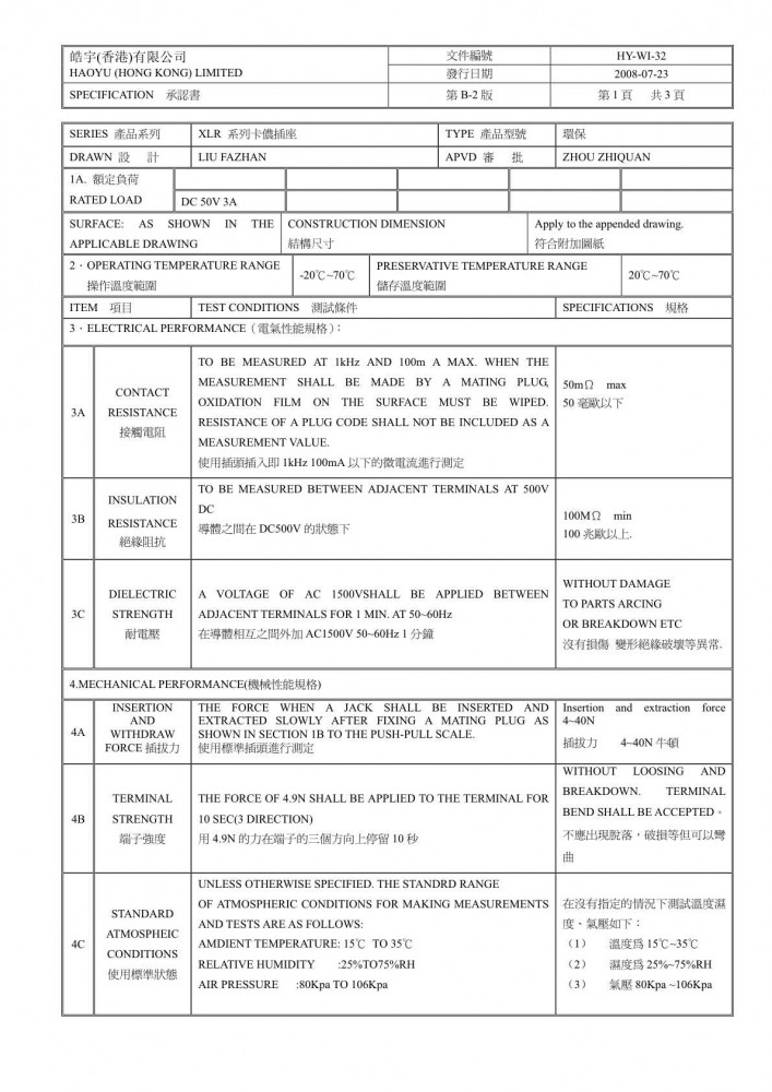 XLR-328P specification page 1