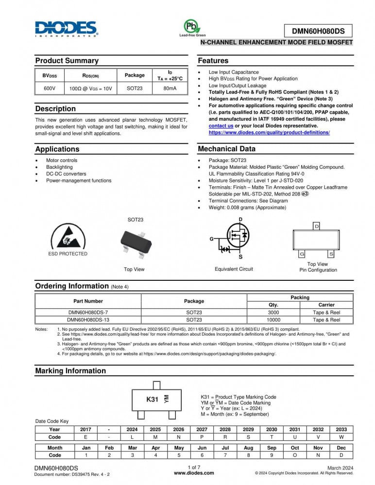 DMN60H080DS-13 datasheet page 1