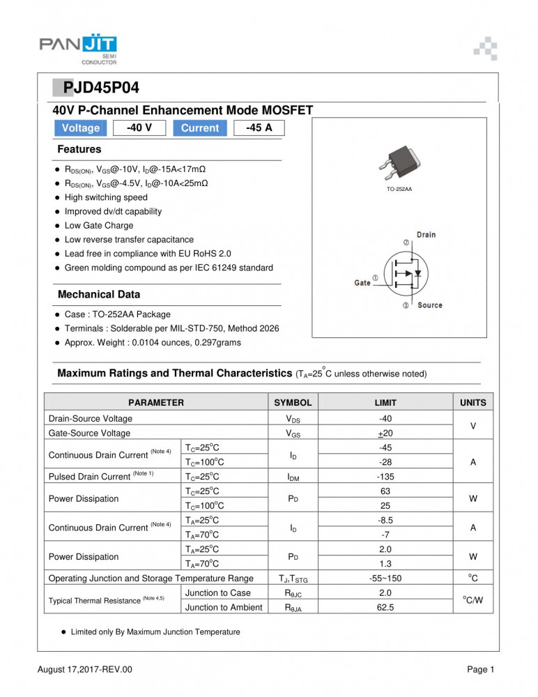 PJD45P04 datasheet page 1