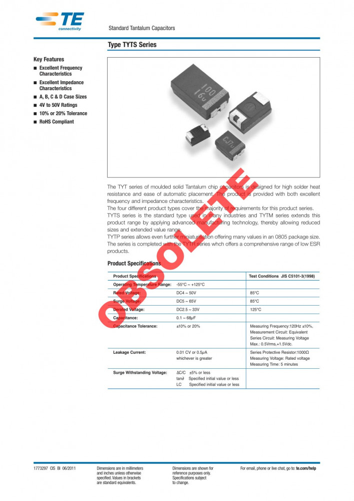 TE Connectivity TYTS series technical document page