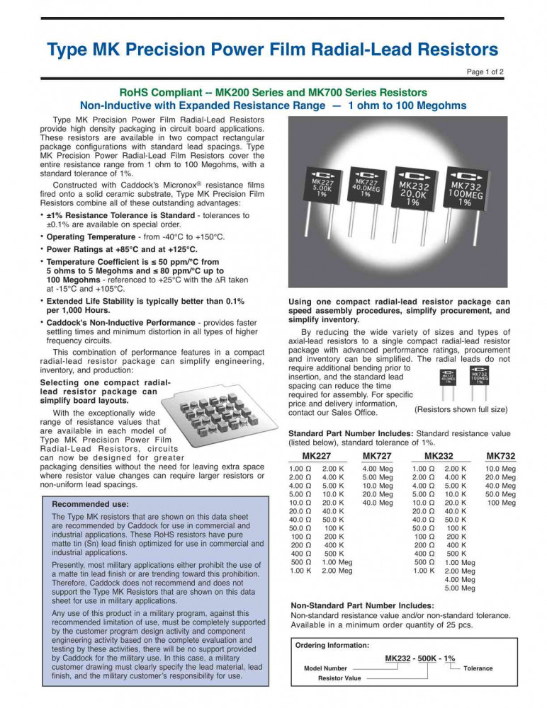 Caddock MK precision power film radial-lead resistor datasheet page 1