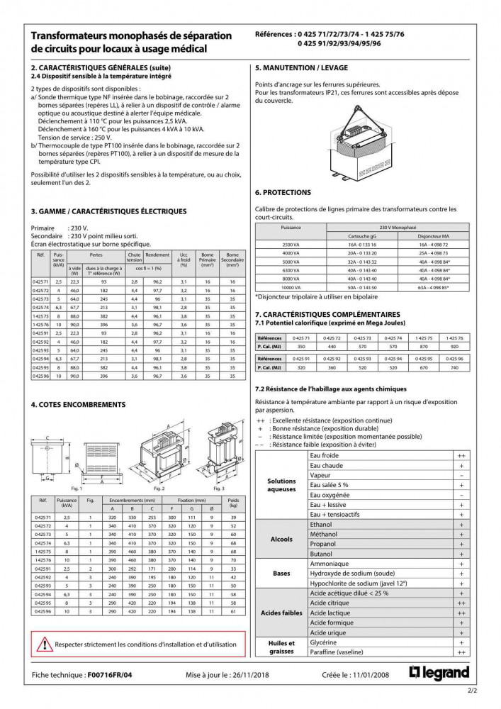 Legrand medical isolation transformer technical documentation, image 2