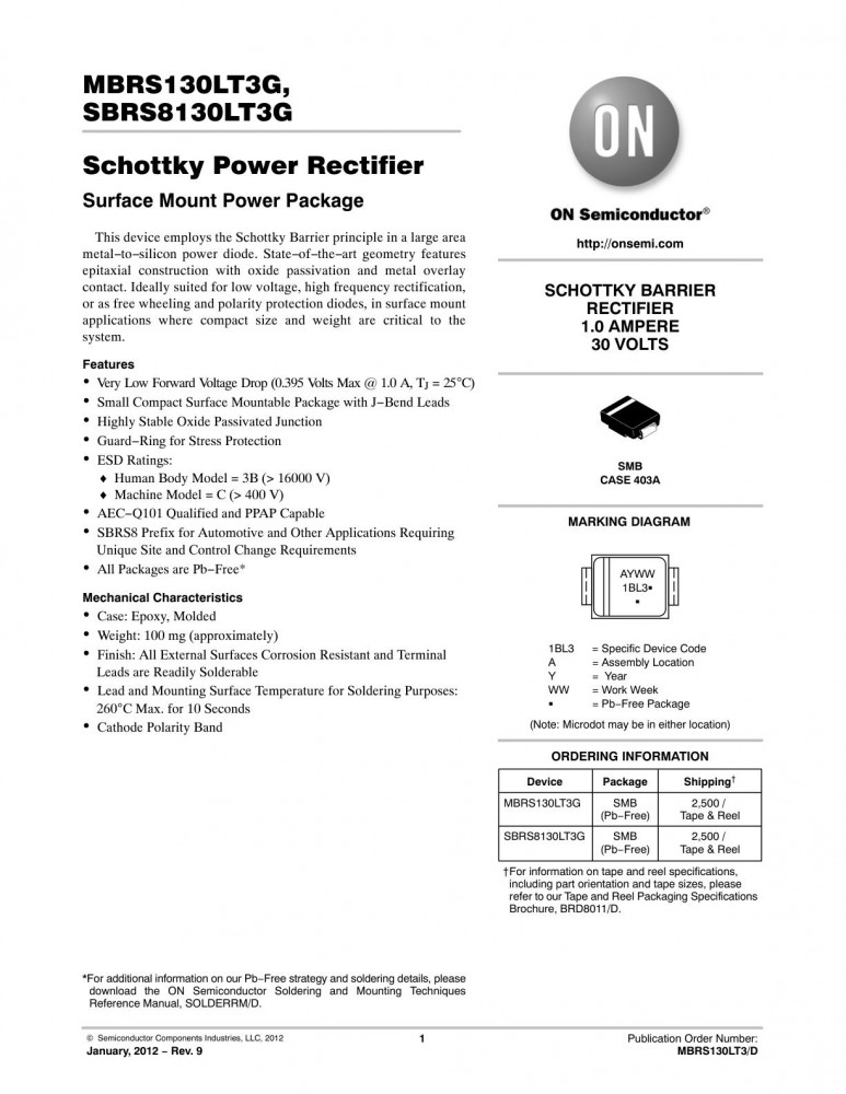 MBRS130LT3G technical document page 1