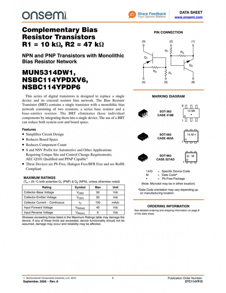 MUN5314DW1T1G datasheet page 1