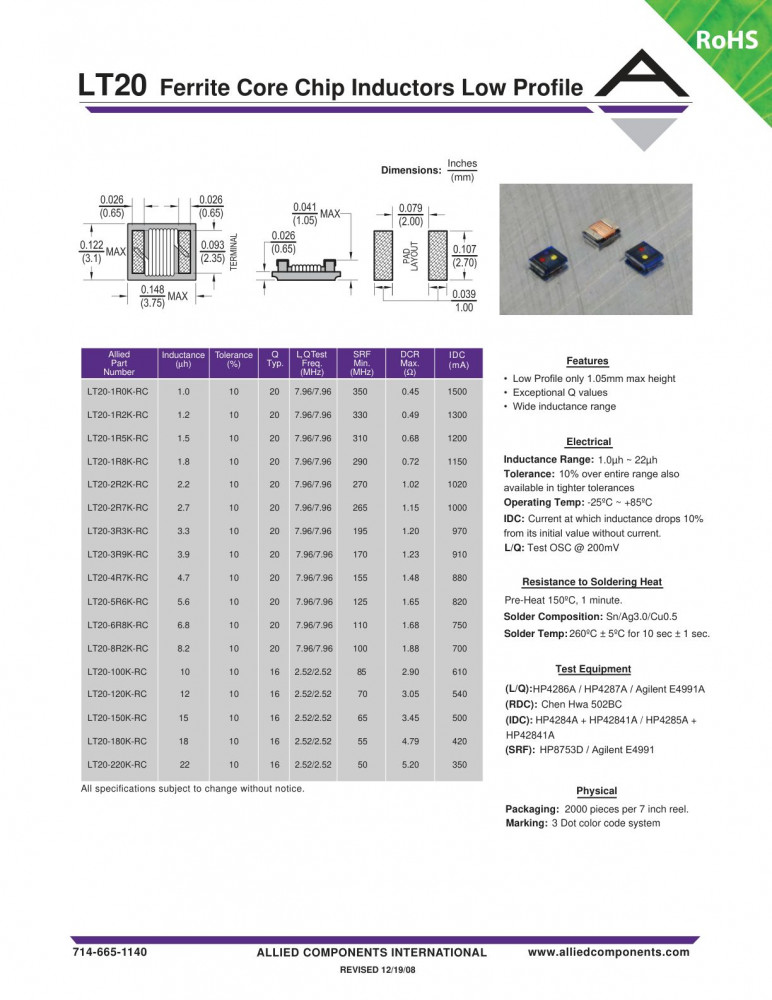 LT20 Ferrite Core Chip Inductors datasheet page