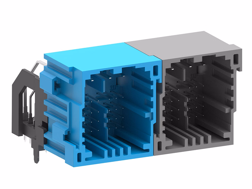 stAK50h 2 Bay Right-Angle Hybrid Header, 44 Circuits, Bay 1: 32 Circuits/Key 3/Dark Gray; Bay 2: 12 Circuits/Key 1/Black; Tube