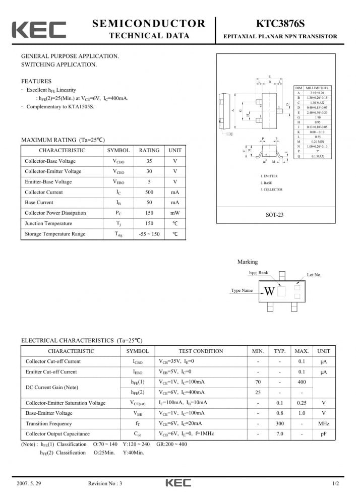 KEC KTC3876S-Y-RTK/P datasheet page 1