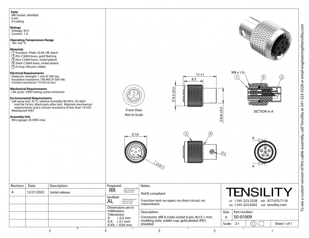 50-01009 shielded M8 A-coded 6-pin socket product drawing