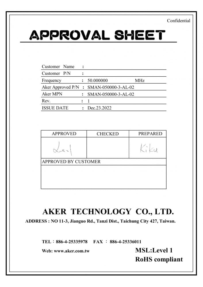 AKER SMAN-050000-3-AL-02 approval sheet page 1