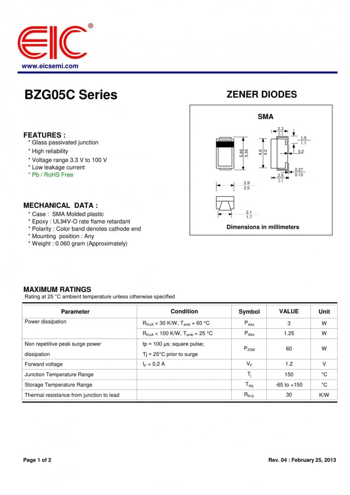 EIC BZG05C series datasheet page 1