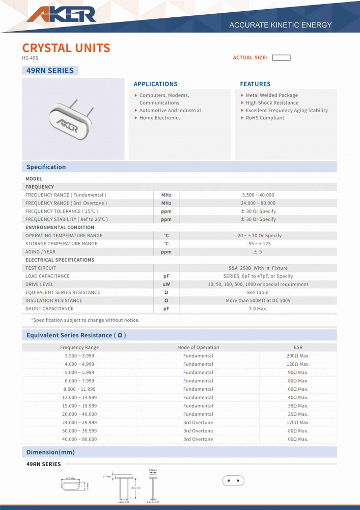 AKER 49RN SERIES product datasheet page
