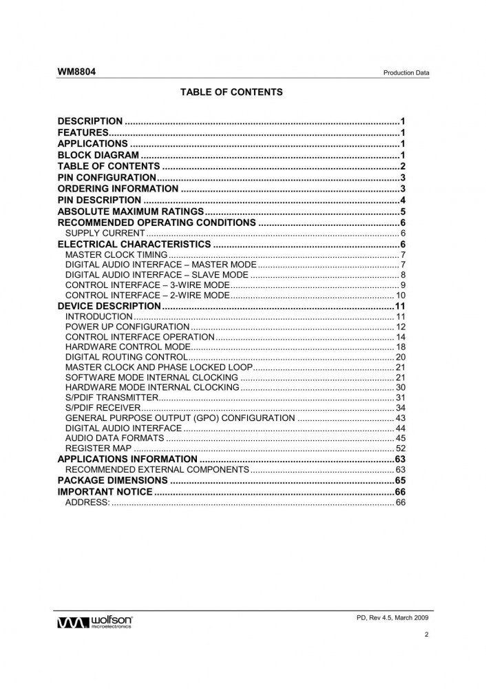 WM8804 datasheet page 2