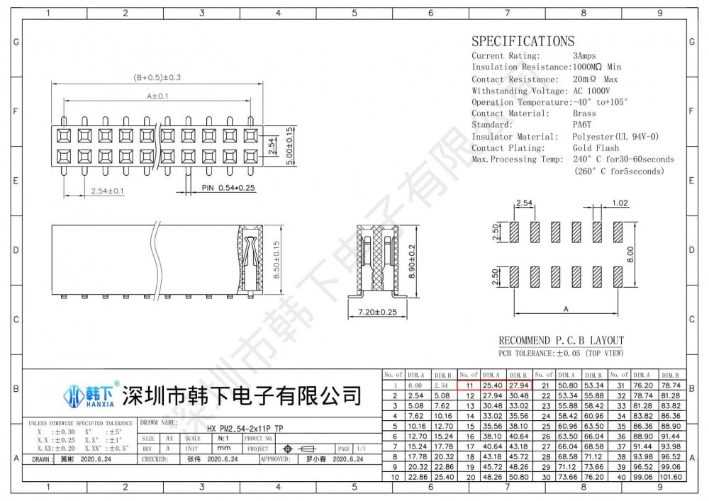 HX PM2.54-2x11P TP technical drawing