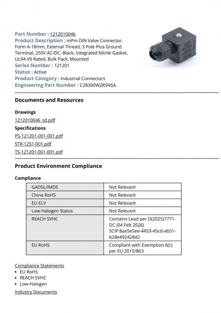 DIN valve connector specification preview, page 1