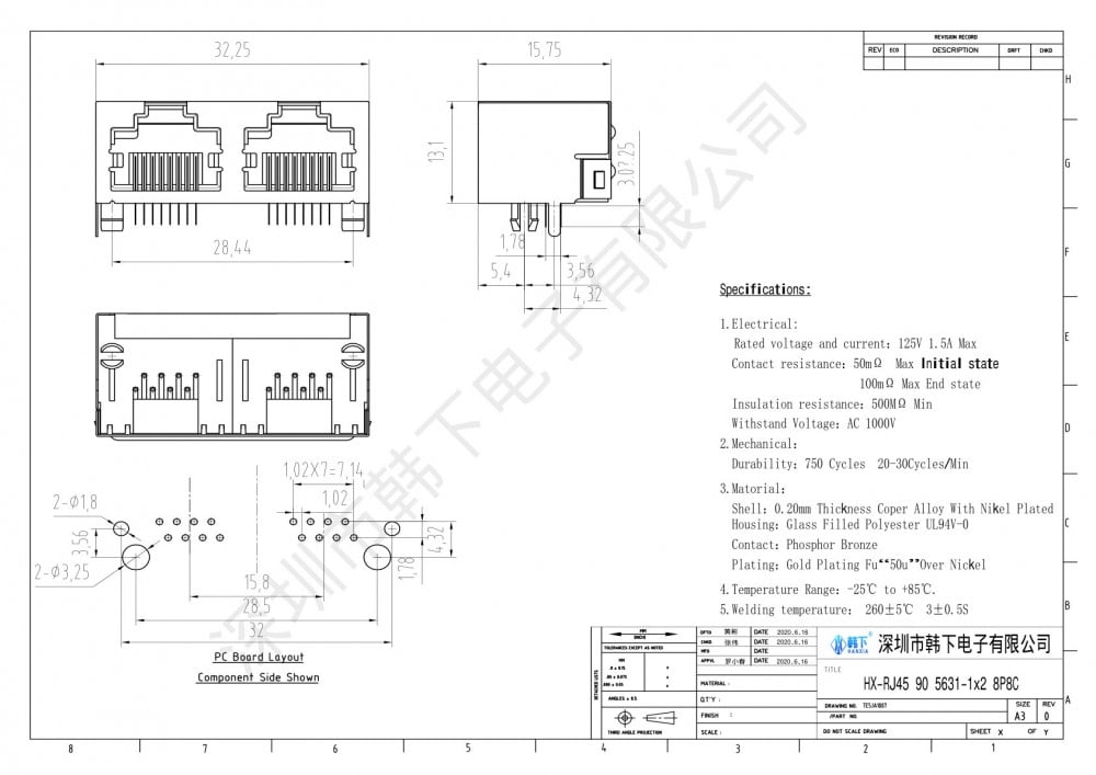 HX-RJ45 90 5631-1x2 8P8C technical drawing