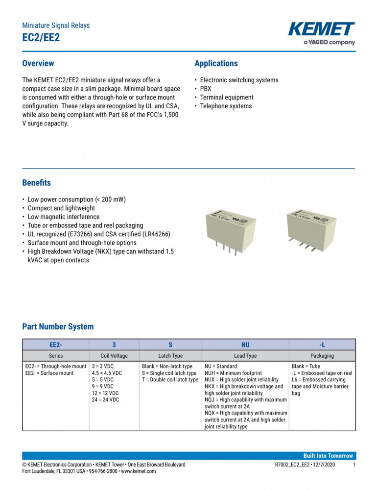 KEMET EE2-5NU datasheet page 1