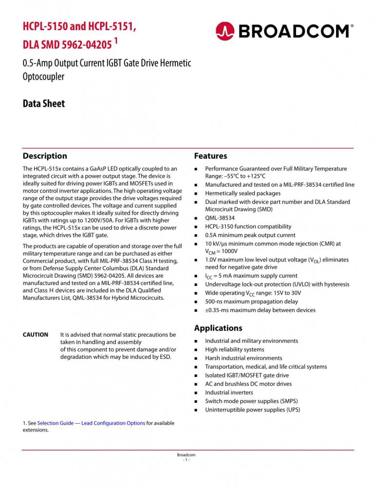 HCPL-5150-300 datasheet page 1