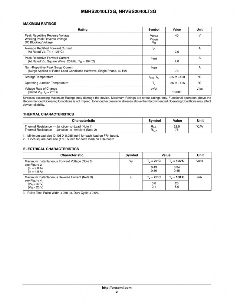 MBRS2040LT3G datasheet page 2