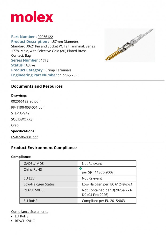 MOLEX .062 miniature pin terminal specification, page 1