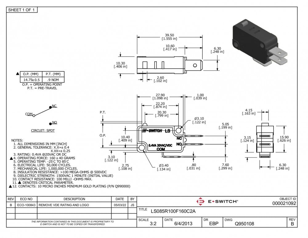 E-Switch LS085R100F160C2A technical drawing
